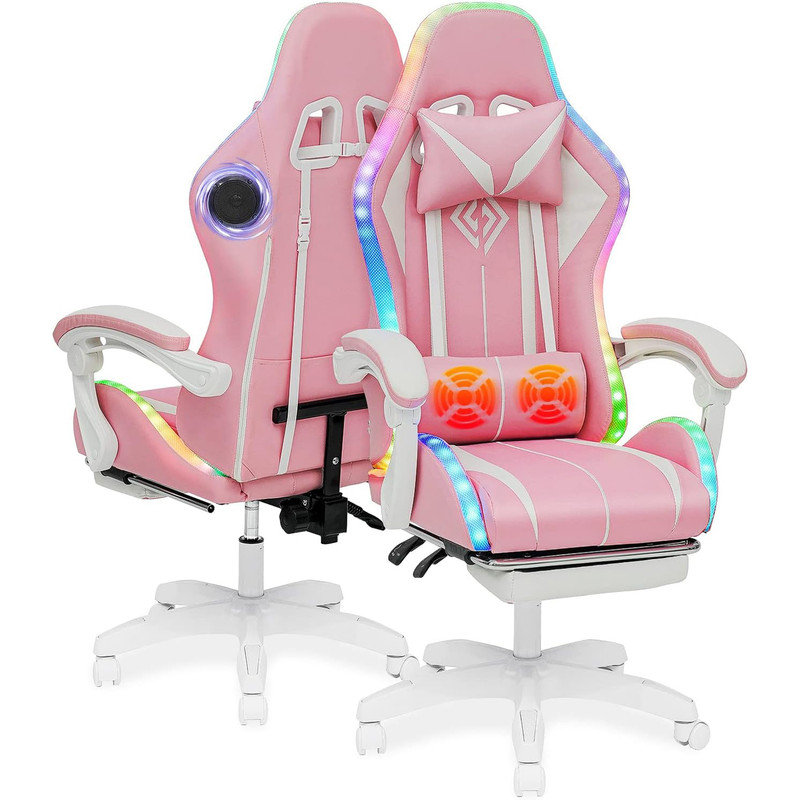 Inbox Zero Pink Gaming Chair with Bluetooth Speakers and LED RGB Lights